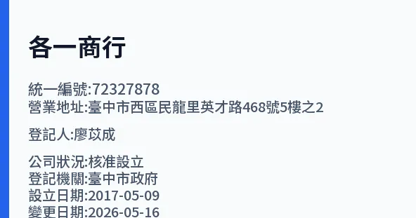 各一商行的照片-統編 72327878(臺中市) 公司登記資料與營業項目詳細圖表