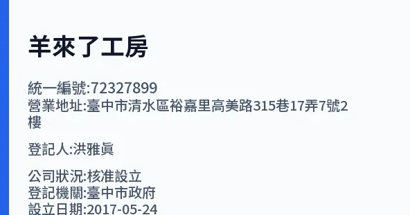 羊來了工房的照片-統編 72327899(臺中市) 公司登記資料與營業項目詳細圖表