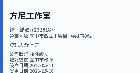 方尼工作室的照片-統編 72328187(臺中市) 公司登記資料與營業項目詳細圖表