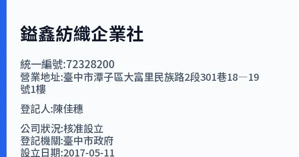 鎰鑫紡織企業社的照片-統編 72328200(臺中市) 公司登記資料與營業項目詳細圖表