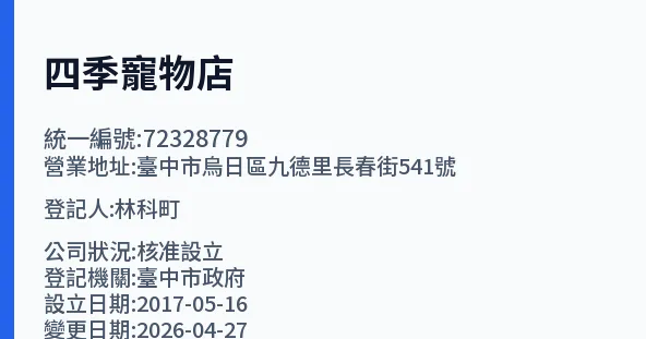四季寵物店的照片-統編 72328779(臺中市) 公司登記資料與營業項目詳細圖表