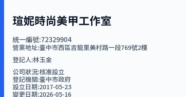 瑄妮時尚美甲工作室的照片-統編 72329904(臺中市) 公司登記資料與營業項目詳細圖表