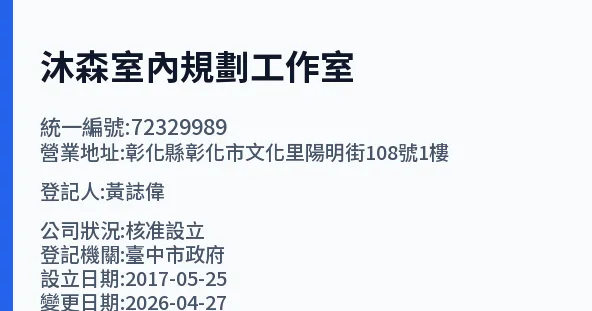沐森室內規劃工作室的照片-統編 72329989(彰化縣) 公司登記資料與營業項目詳細圖表