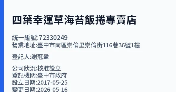 四葉幸運草海苔飯捲專賣店的照片-統編 72330249(臺中市) 公司登記資料與營業項目詳細圖表