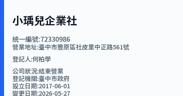 小瑀兒企業社的照片-統編 72330986(臺中市) 公司登記資料與營業項目詳細圖表