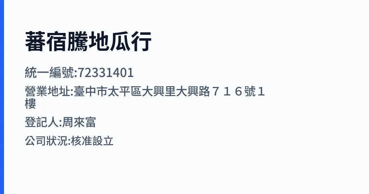 蕃宿騰地瓜行 - 統編 72331401(臺中市) 公司登記資料與營業項目詳細圖表