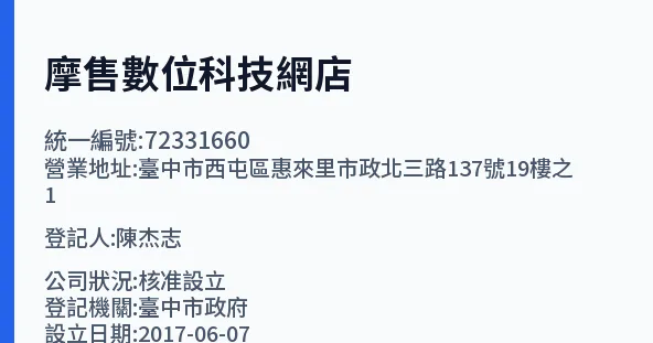 摩售數位科技網店的照片-統編 72331660(臺中市) 公司登記資料與營業項目詳細圖表