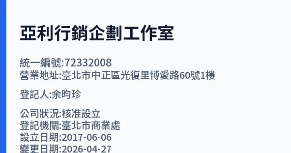 亞利行銷企劃工作室的照片-統編 72332008(臺北市) 公司登記資料與營業項目詳細圖表