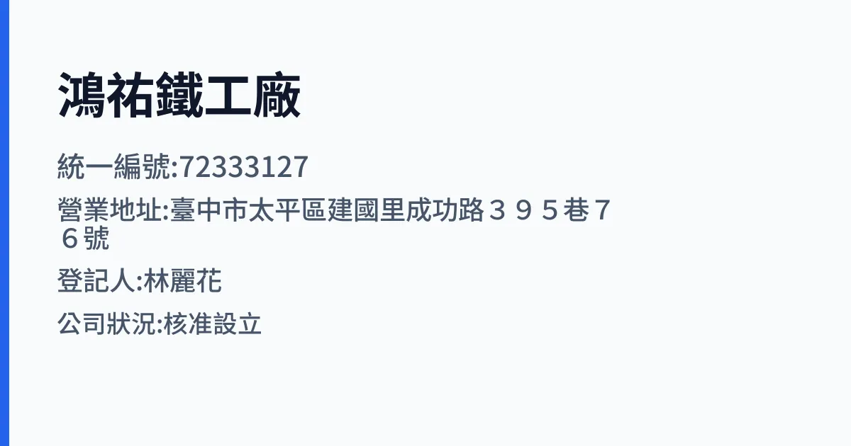 鴻祐鐵工廠 - 統編 72333127（臺中市） 公司登記資料與營業項目詳細圖表