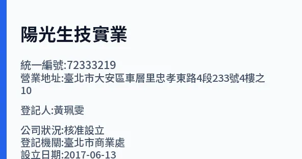 陽光生技實業的照片-統編 72333219(臺北市) 公司登記資料與營業項目詳細圖表