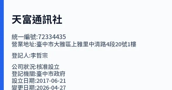 天富通訊社的照片-統編 72334435(臺中市) 公司登記資料與營業項目詳細圖表