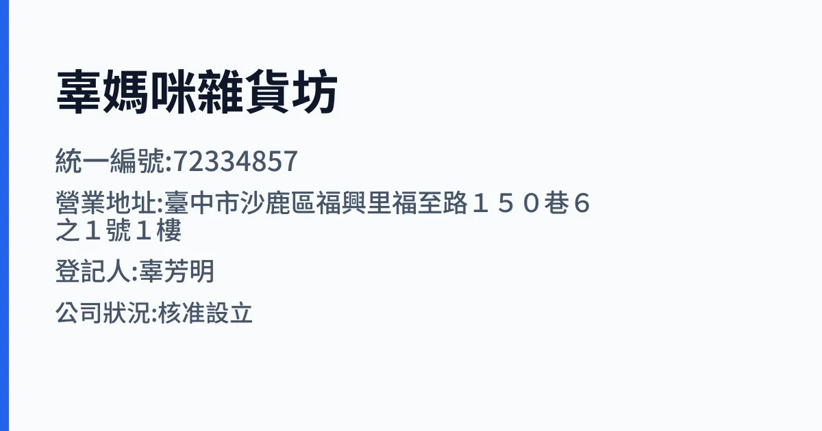 辜媽咪雜貨坊 - 統編 72334857(臺中市) 公司登記資料與營業項目詳細圖表