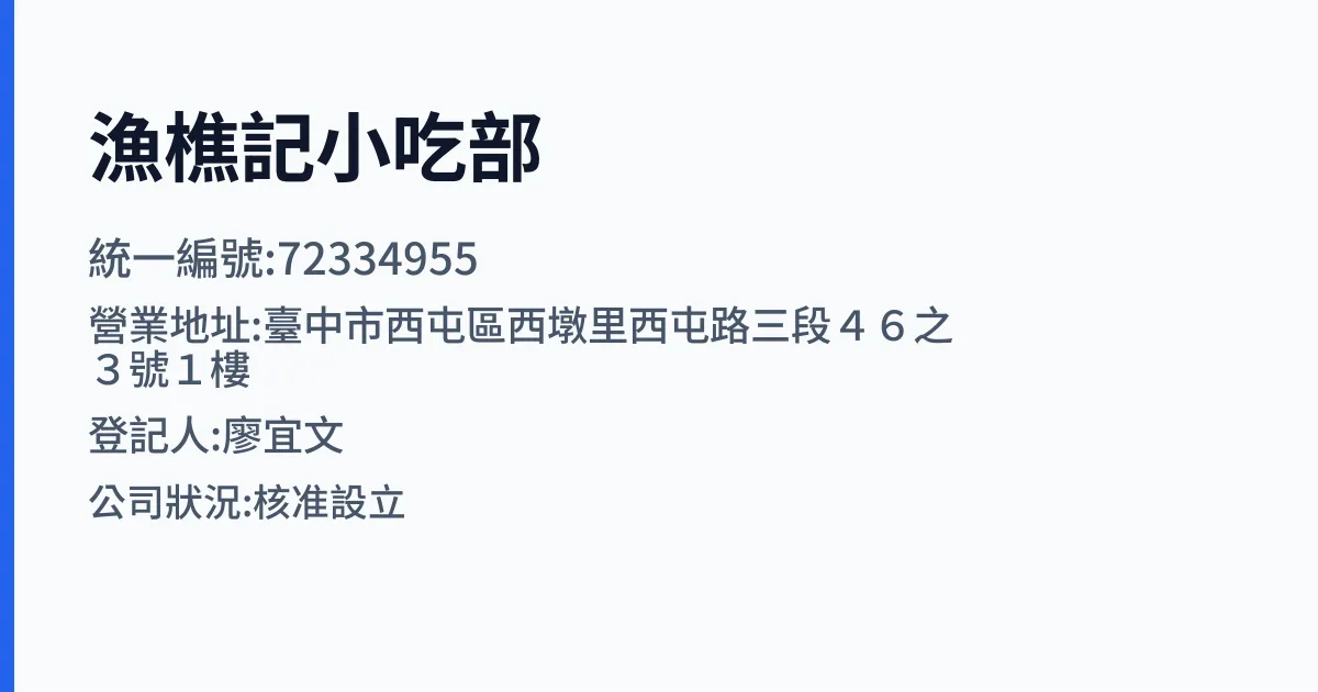 漁樵記小吃部 - 統編 72334955(臺中市) 公司登記資料與營業項目詳細圖表