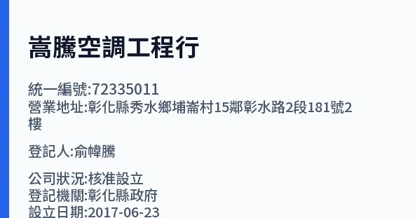 嵩騰空調工程行的照片-統編 72335011(彰化縣) 公司登記資料與營業項目詳細圖表