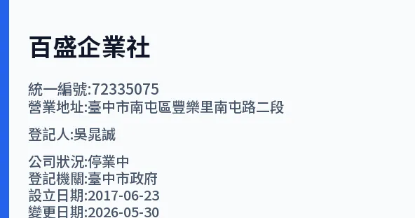 百盛企業社的照片-統編 72335075(臺中市) 公司登記資料與營業項目詳細圖表