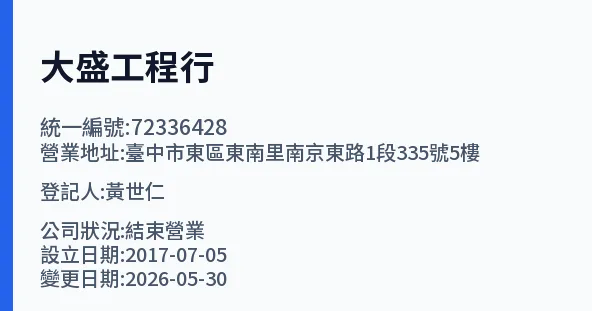 大盛工程行的照片-統編 72336428(臺中市) 公司登記資料與營業項目詳細圖表