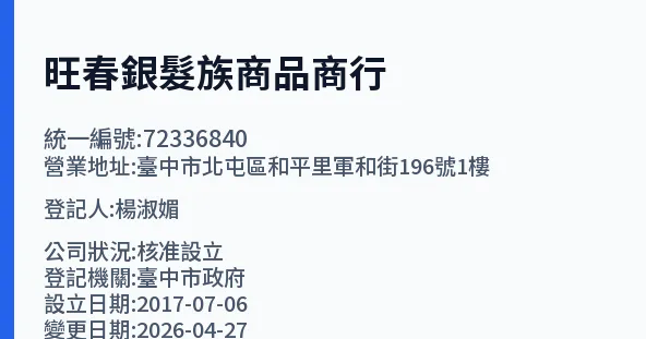 旺春銀髮族商品商行的照片-統編 72336840(臺中市) 公司登記資料與營業項目詳細圖表