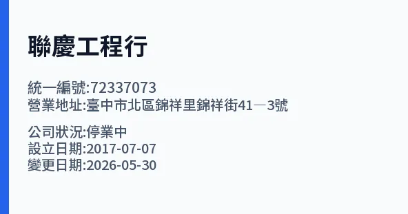 聯慶工程行的照片-統編 72337073(臺中市) 公司登記資料與營業項目詳細圖表