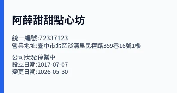 阿薛甜甜點心坊的照片-統編 72337123(臺中市) 公司登記資料與營業項目詳細圖表