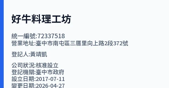 好牛料理工坊的照片-統編 72337518(臺中市) 公司登記資料與營業項目詳細圖表