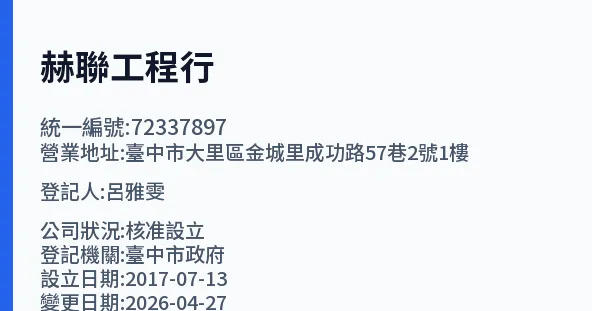 赫聯工程行的照片-統編 72337897(臺中市) 公司登記資料與營業項目詳細圖表