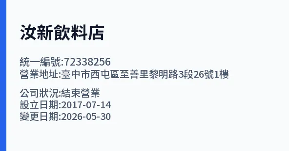 汝新飲料店的照片-統編 72338256(臺中市) 公司登記資料與營業項目詳細圖表