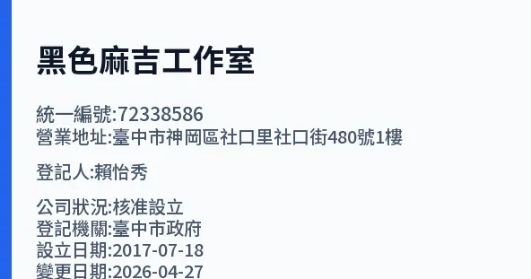 黑色麻吉工作室的照片-統編 72338586(臺中市) 公司登記資料與營業項目詳細圖表