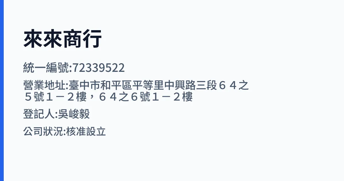 來來商行 - 統編 72339522(臺中市) 公司登記資料與營業項目詳細圖表