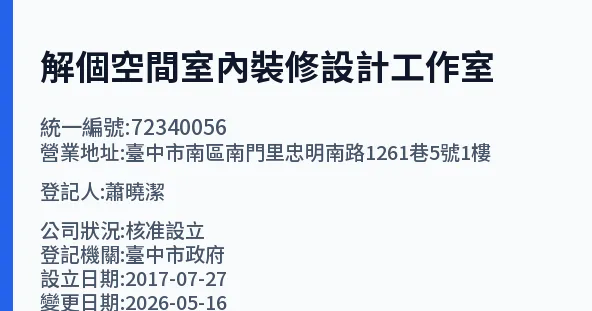 解個空間室內裝修設計工作室的照片-統編 72340056(臺中市) 公司登記資料與營業項目詳細圖表