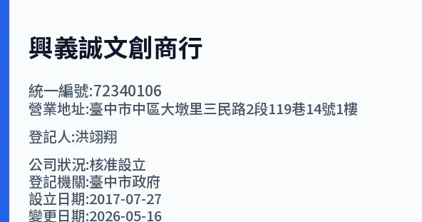 興義誠文創商行的照片-統編 72340106(臺中市) 公司登記資料與營業項目詳細圖表