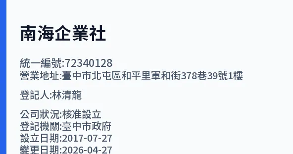南海企業社的照片-統編 72340128(臺中市) 公司登記資料與營業項目詳細圖表