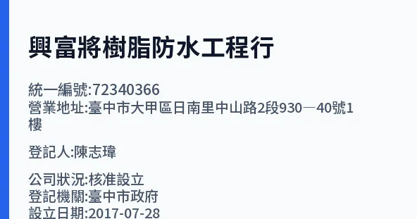 興富將樹脂防水工程行的照片-統編 72340366(臺中市) 公司登記資料與營業項目詳細圖表