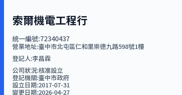 索爾機電工程行的照片-統編 72340437(臺中市) 公司登記資料與營業項目詳細圖表