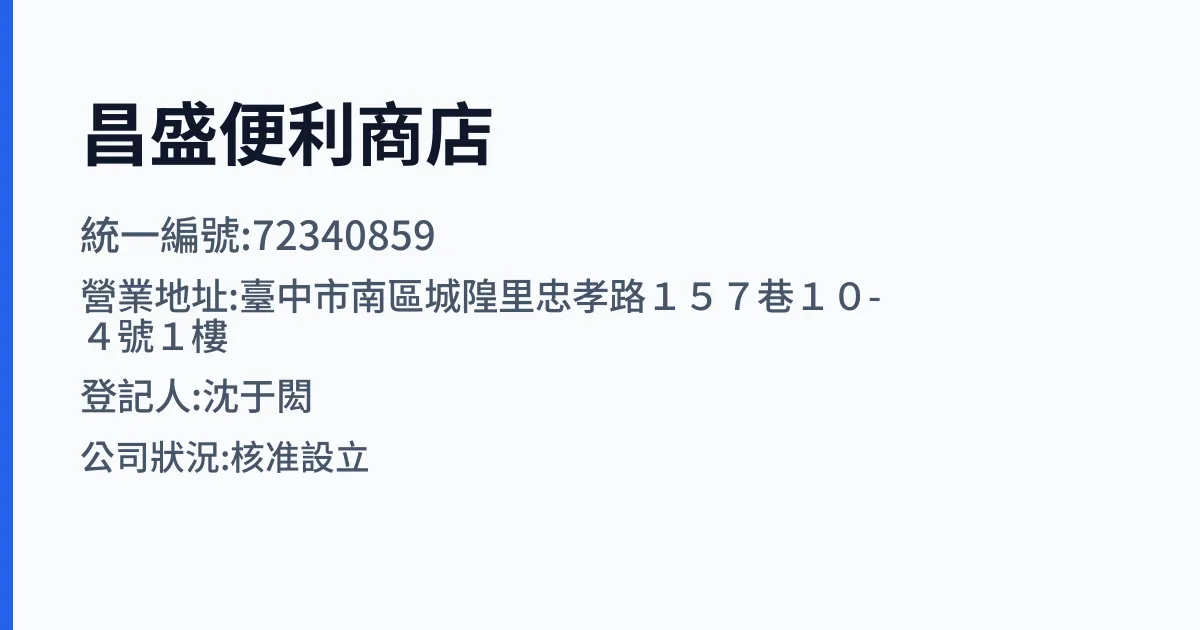 昌盛便利商店 - 統編 72340859(臺中市) 公司登記資料與營業項目詳細圖表