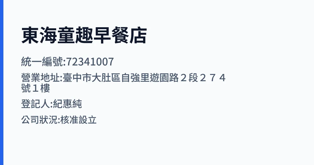 東海童趣早餐店 - 統編 72341007(臺中市) 公司登記資料與營業項目詳細圖表