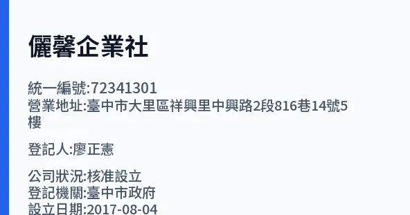 儷馨企業社的照片-統編 72341301(臺中市) 公司登記資料與營業項目詳細圖表