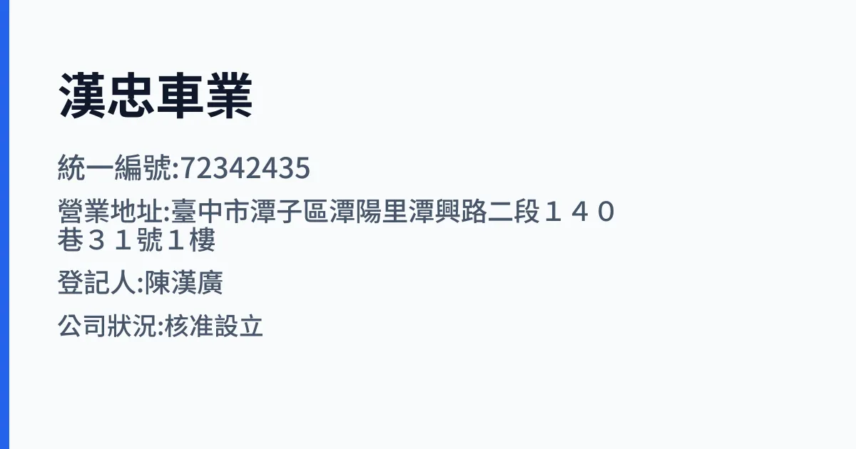 漢忠車業 - 統編 72342435(臺中市) 公司登記資料與營業項目詳細圖表
