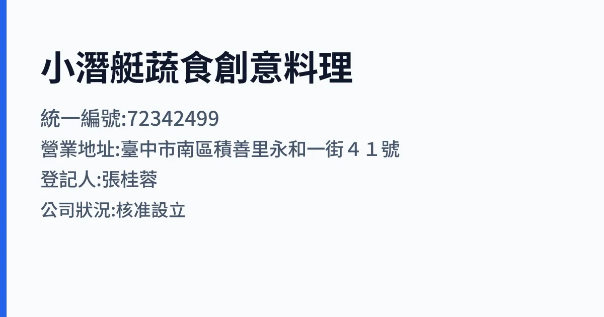 小潛艇蔬食創意料理 - 統編 72342499(臺中市) 公司登記資料與營業項目詳細圖表
