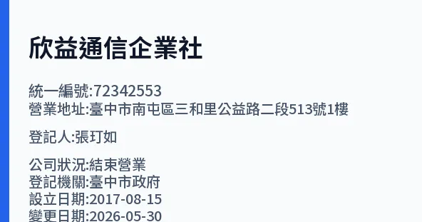 欣益通信企業社的照片-統編 72342553(臺中市) 公司登記資料與營業項目詳細圖表