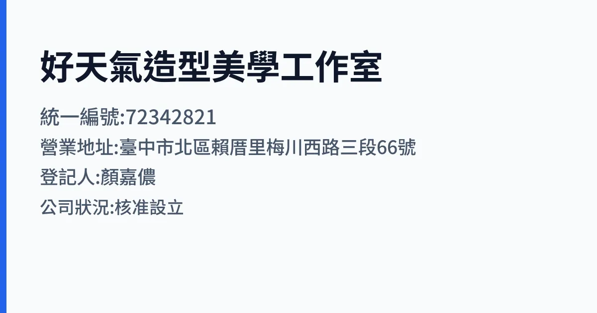 好天氣造型美學工作室 - 統編 72342821(臺中市) 公司登記資料與營業項目詳細圖表