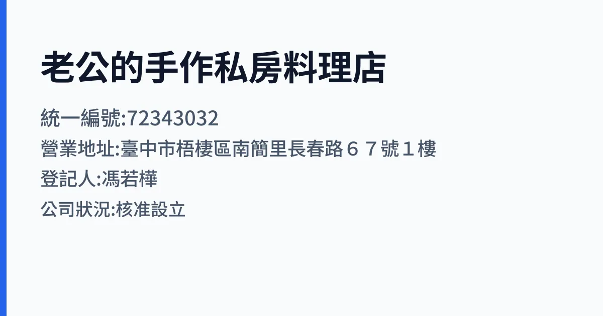 老公的手作私房料理店 - 統編 72343032(臺中市) 公司登記資料與營業項目詳細圖表