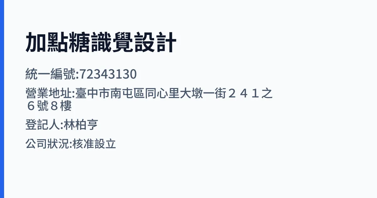 加點糖識覺設計 - 統編 72343130(臺中市) 公司登記資料與營業項目詳細圖表
