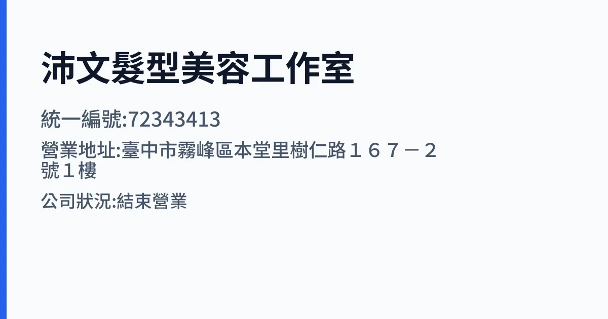 沛文髮型美容工作室 - 統編 72343413(臺中市) 公司登記資料與營業項目詳細圖表
