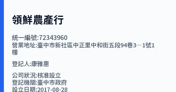 領鮮農產行的照片-統編 72343960(臺中市) 公司登記資料與營業項目詳細圖表