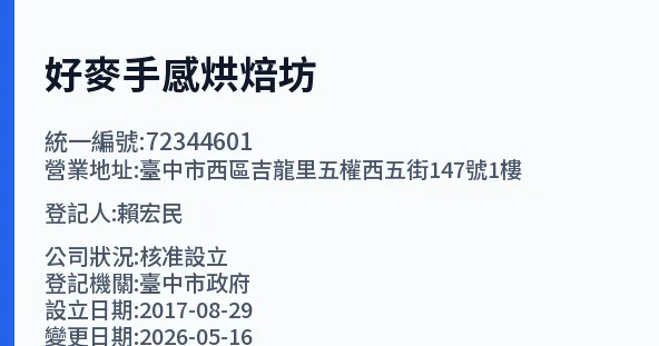 好麥手感烘焙坊的照片-統編 72344601(臺中市) 公司登記資料與營業項目詳細圖表