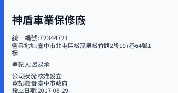 神盾車業保修廠的照片-統編 72344721(臺中市) 公司登記資料與營業項目詳細圖表