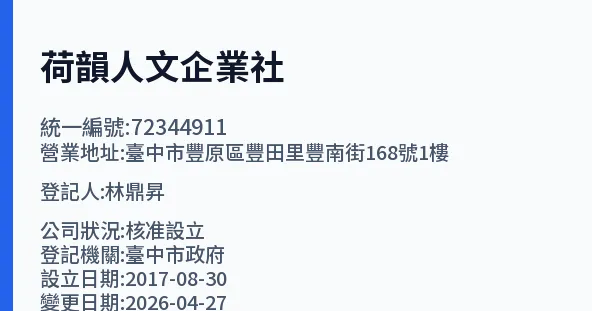 荷韻人文企業社的照片-統編 72344911(臺中市) 公司登記資料與營業項目詳細圖表