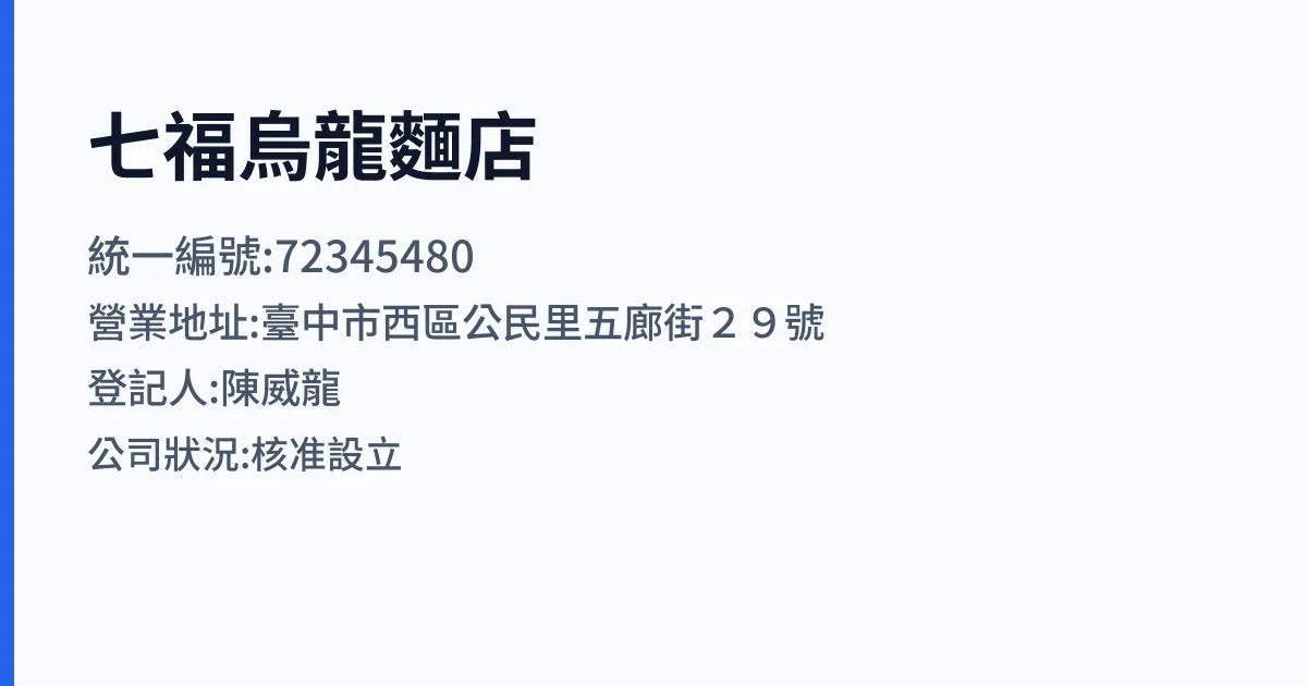 七福烏龍麵店 - 統編 72345480(臺中市) 公司登記資料與營業項目詳細圖表