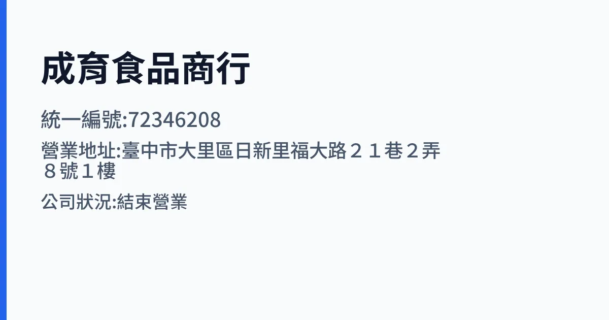 成育食品商行 - 統編 72346208(臺中市) 公司登記資料與營業項目詳細圖表
