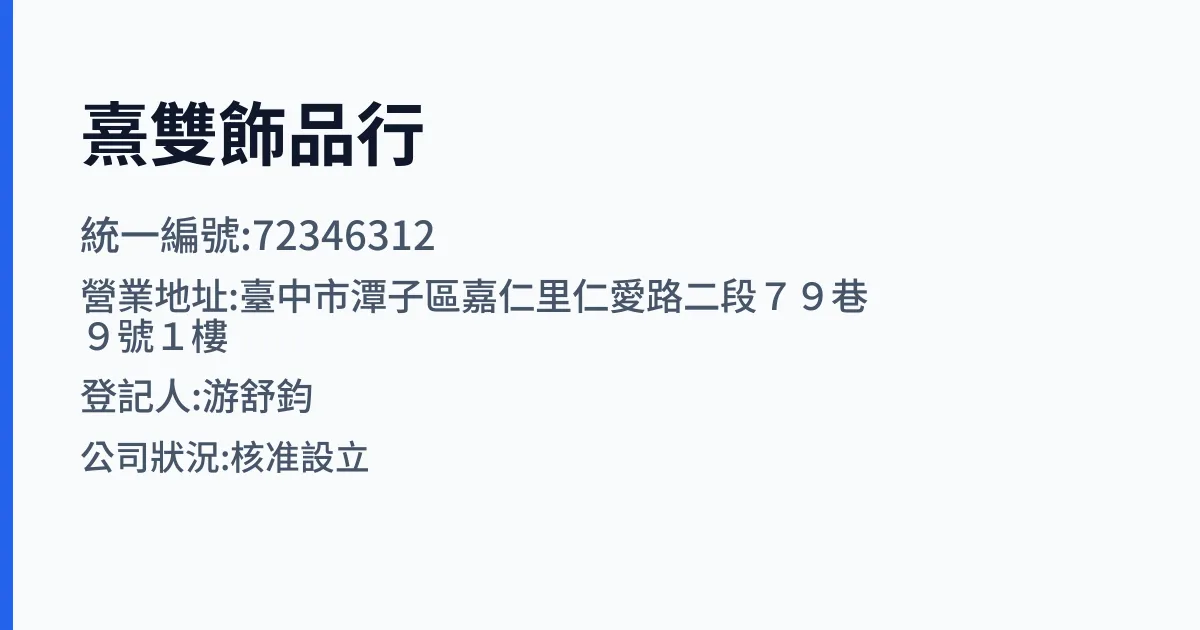 熹雙飾品行 - 統編 72346312(臺中市) 公司登記資料與營業項目詳細圖表